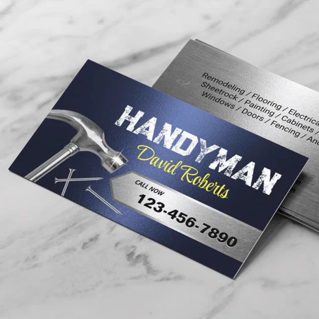 Handyman Repair & Maintenance Navy Blue Metal Business Card | Zazzle