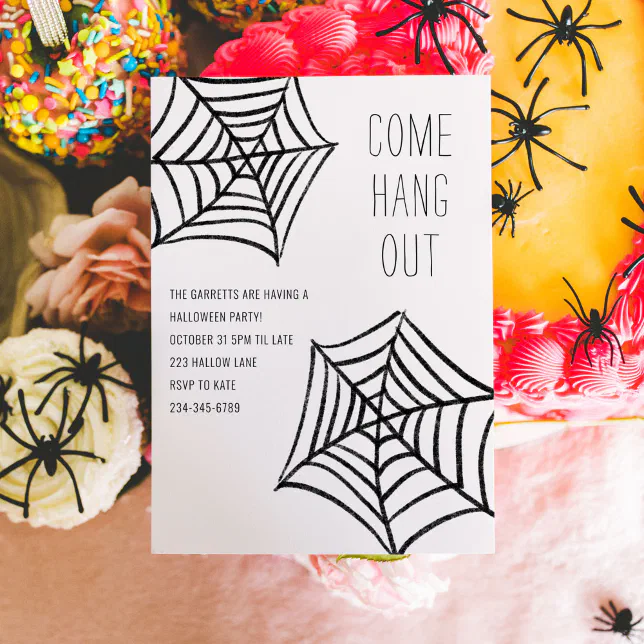 Hang Out Spider Web Illustration Halloween Party Invitation | Zazzle