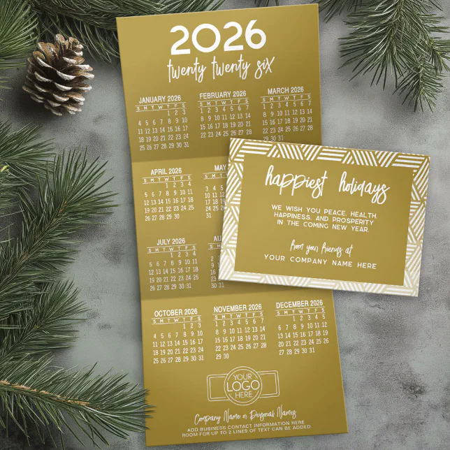 Hanging Calendar, Logo, Modern Gold Business Tri-Fold Holiday Card | Zazzle