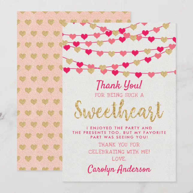 Hanging Love Hearts Little Sweetheart Birthday Thank You Card | Zazzle