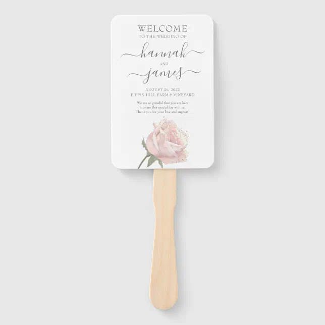 Hannah | Romantic Blush Rose Calligraphy Hand Fan | Zazzle