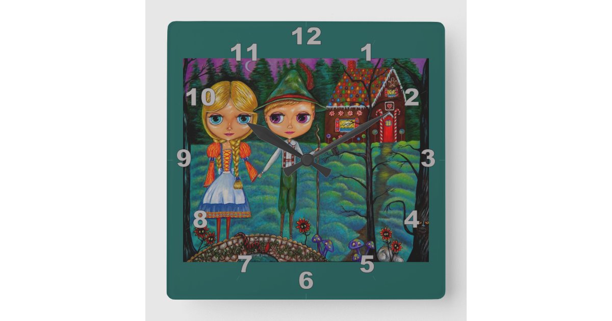 Hansel and Gretel Dolls Cute Gingerbread House Square Wall Clock | Zazzle