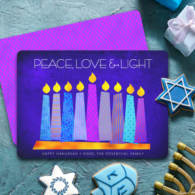 Hanukkah Blue Boho Pattern Candle Peace Love Light Holiday Card | Zazzle