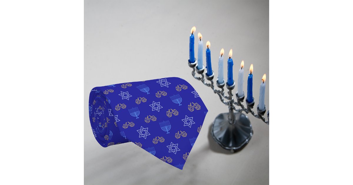Hanukkah Gold Dreidel Star of David Menorah Blue Neck Tie | Zazzle