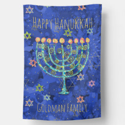 Hanukkah Gold Star of David Menorah Name House Flag | Zazzle