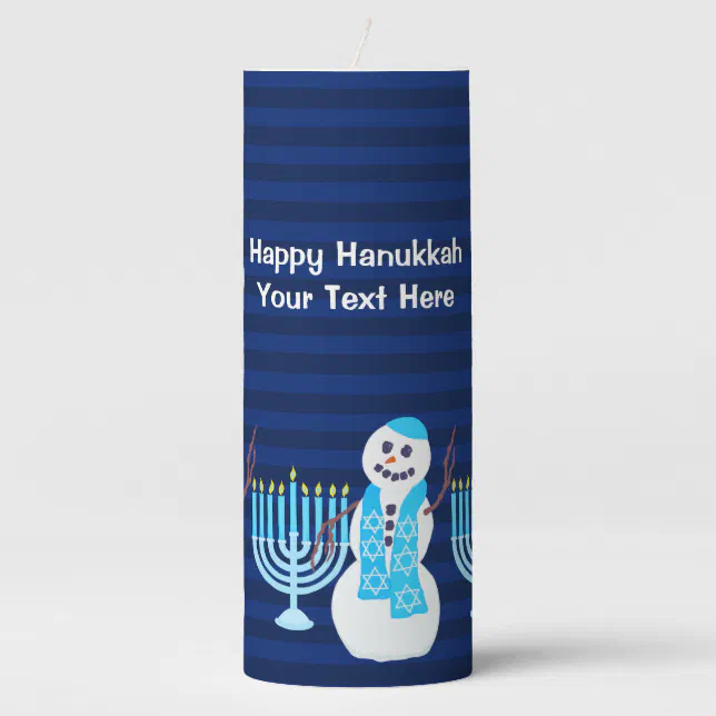 Hanukkah Jewish Snowman And Blue Menorah Lights Pillar Candle | Zazzle