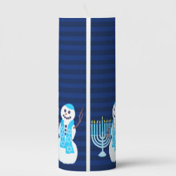 Hanukkah Jewish Snowman And Blue Menorah Lights Pillar Candle | Zazzle