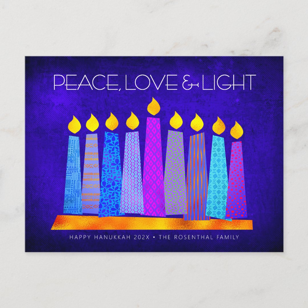 Hanukkah Modern Boho Candles Blue Peace Love Light Holiday Postcard ...
