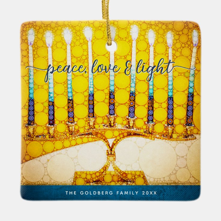 Hanukkah Peace Love Light, Yellow Menorah Keepsake Ceramic Ornament ...
