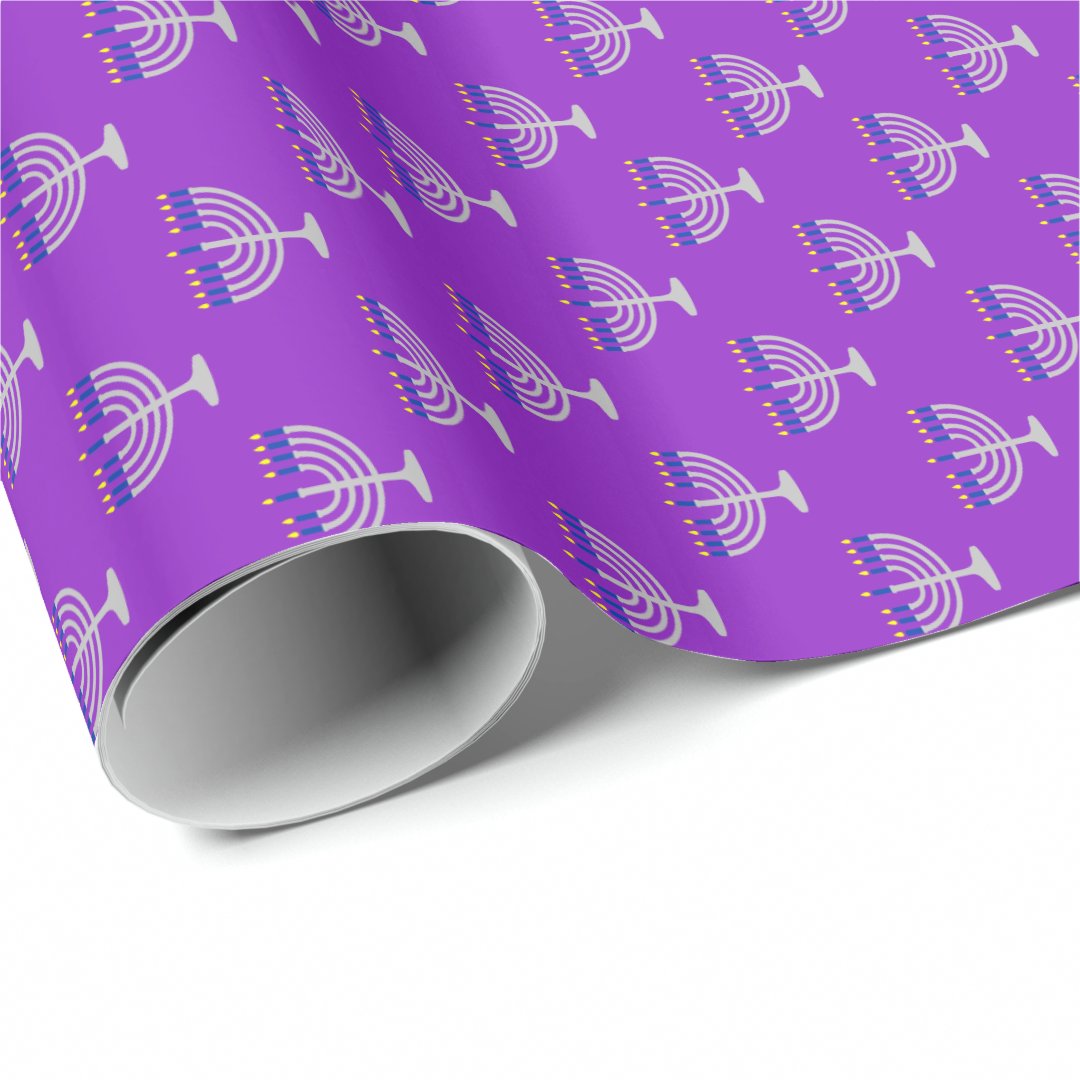 Hanukkah Silver Menorah on Purple Wrapping Paper | Zazzle