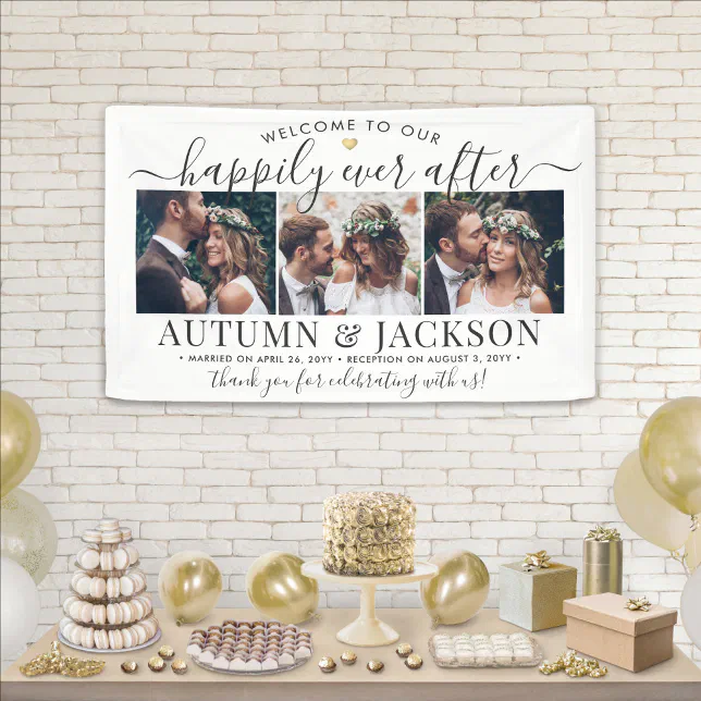 Happily Ever After 3 Photo Elegant Wedding Welcome Banner | Zazzle