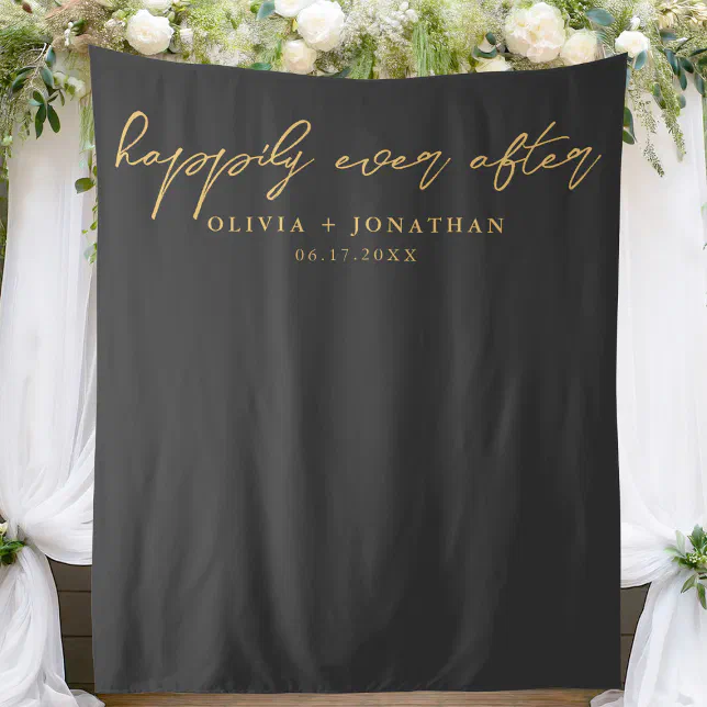 Happily Ever After Elegant Script Wedding Backdrop | Zazzle