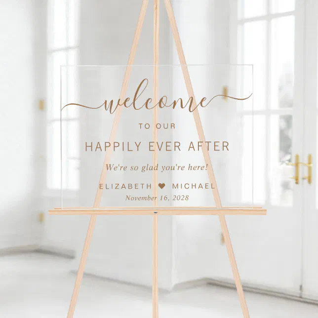 Happily Ever After Gold Script Wedding Welcome Acrylic Sign | Zazzle