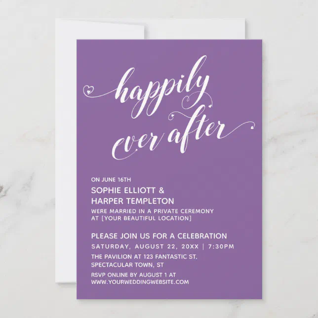 Happily Ever After Hearts Script Purple Reception Invitation | Zazzle