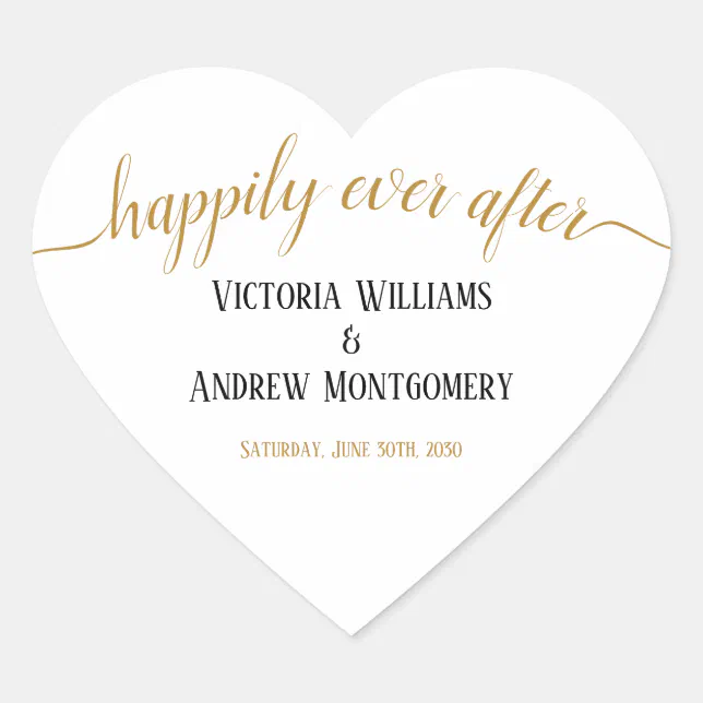 Happily Ever After Modern Gold Script Wedding Heart Sticker | Zazzle