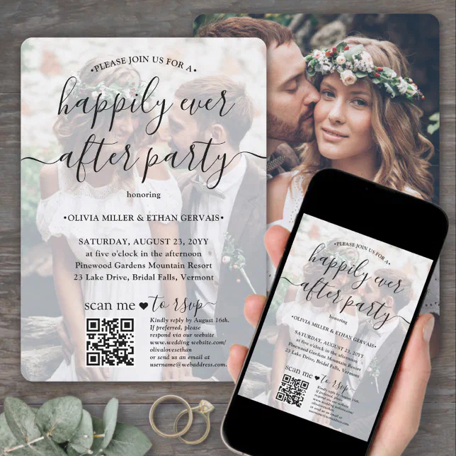 Happily Ever After Party QR RSVP 2 Photo Wedding Invitation | Zazzle