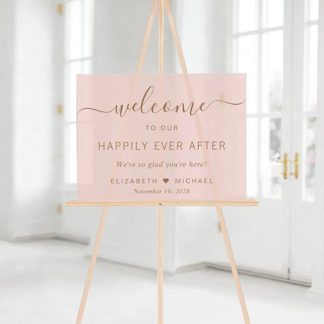 Happily Ever After Pink Gold Wedding Welcome Acrylic Sign | Zazzle