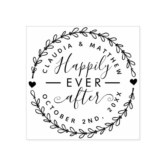 Happily Ever After Script Newlywed Wedding Date Rubber Stamp | Zazzle.com