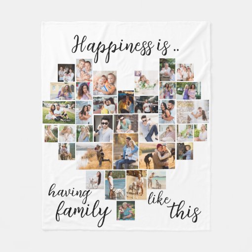 Happiness is Heart Shaped 36 Photo Collage White Fleece Blanket | Zazzle