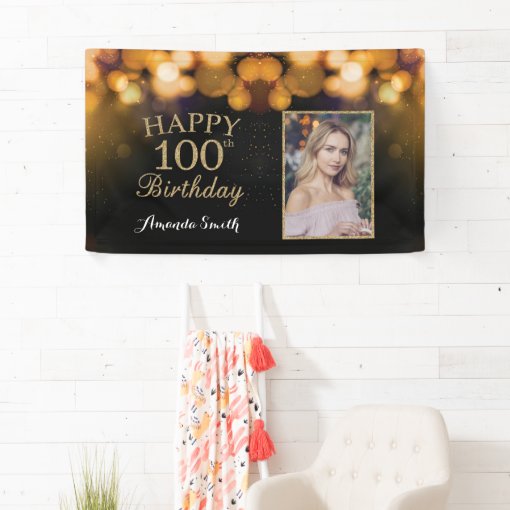 Happy 100th Birthday Banner. Gold Glitter Photo Banner | Zazzle