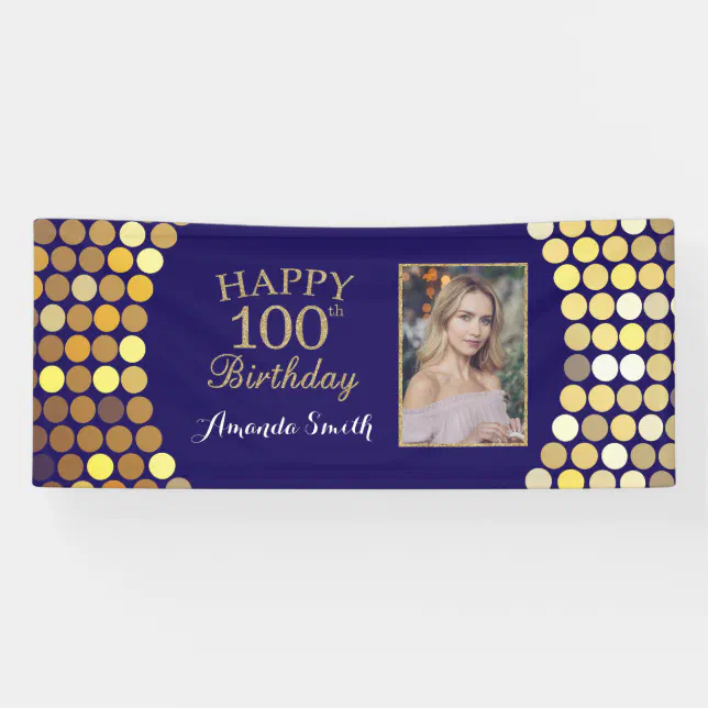 Happy 100th Birthday Banner. Navy Blue Gold Photo Banner | Zazzle