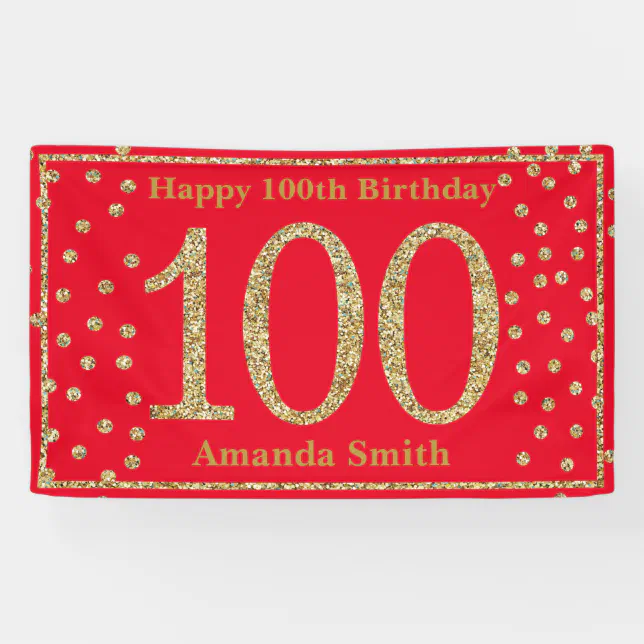 Happy 100th Birthday Banner Red Gold Glitter | Zazzle