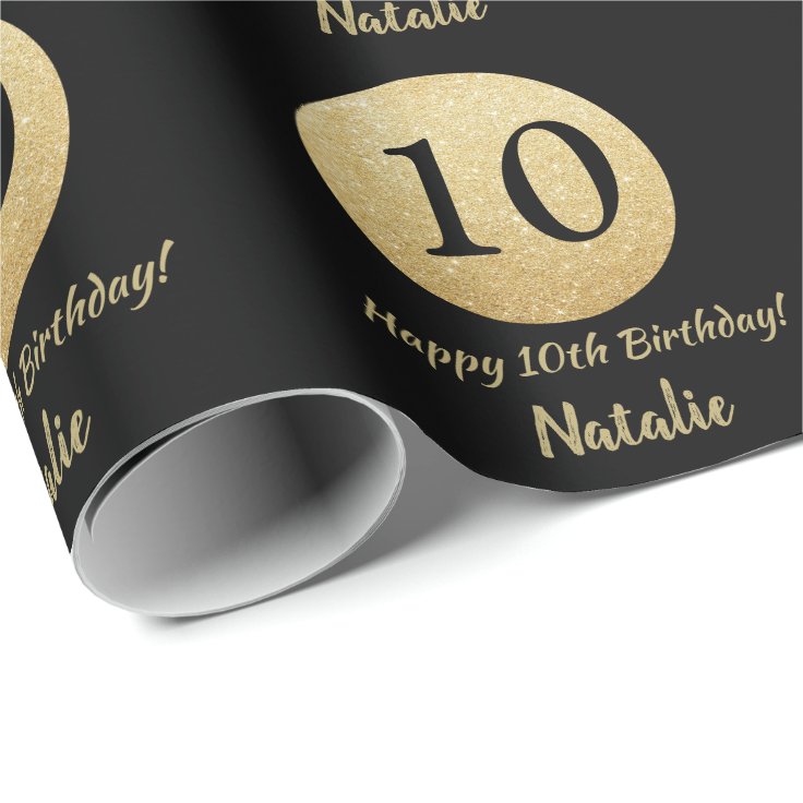 Happy 10th Birthday Black and Gold Glitter Wrapping Paper | Zazzle