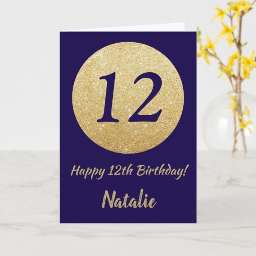 Happy 12th Birthday Navy Blue and Gold Glitter Card | Zazzle