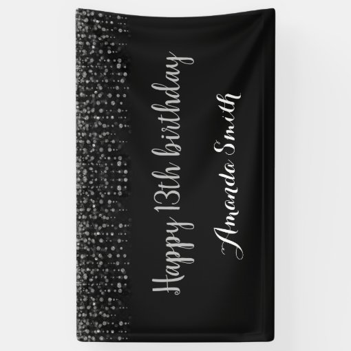 Happy 13th Birthday Banner. Black Silver Glitter Banner | Zazzle