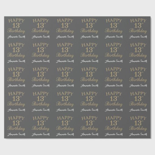 Happy 13th Birthday Gold Glitter and Gray Wrapping Paper | Zazzle