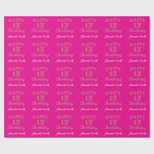 Happy 13th Birthday Gold Glitter and Hot Pink Wrapping Paper | Zazzle