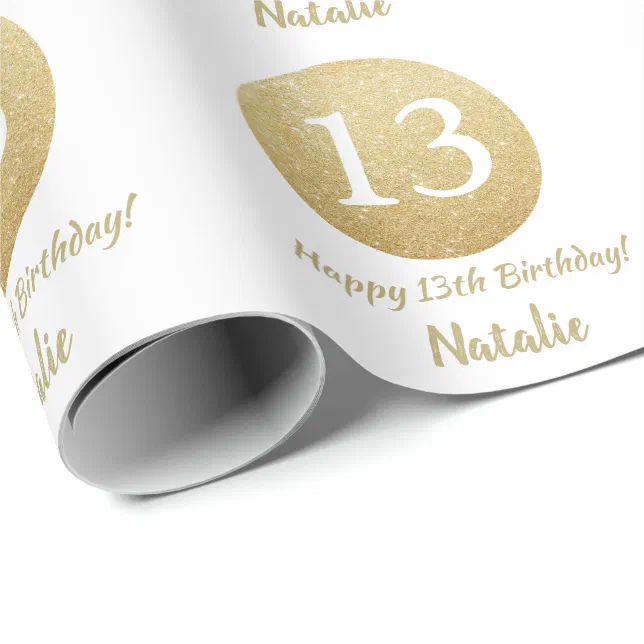 Happy 13th Birthday Gold Glitter and White Wrapping Paper | Zazzle