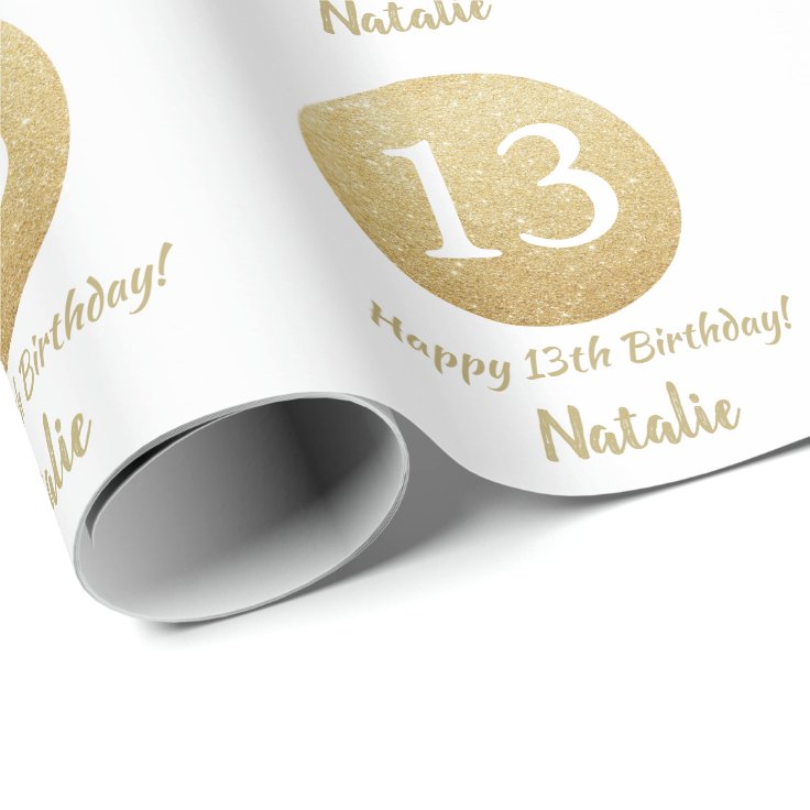 Happy 13th Birthday Gold Glitter and White Wrapping Paper | Zazzle