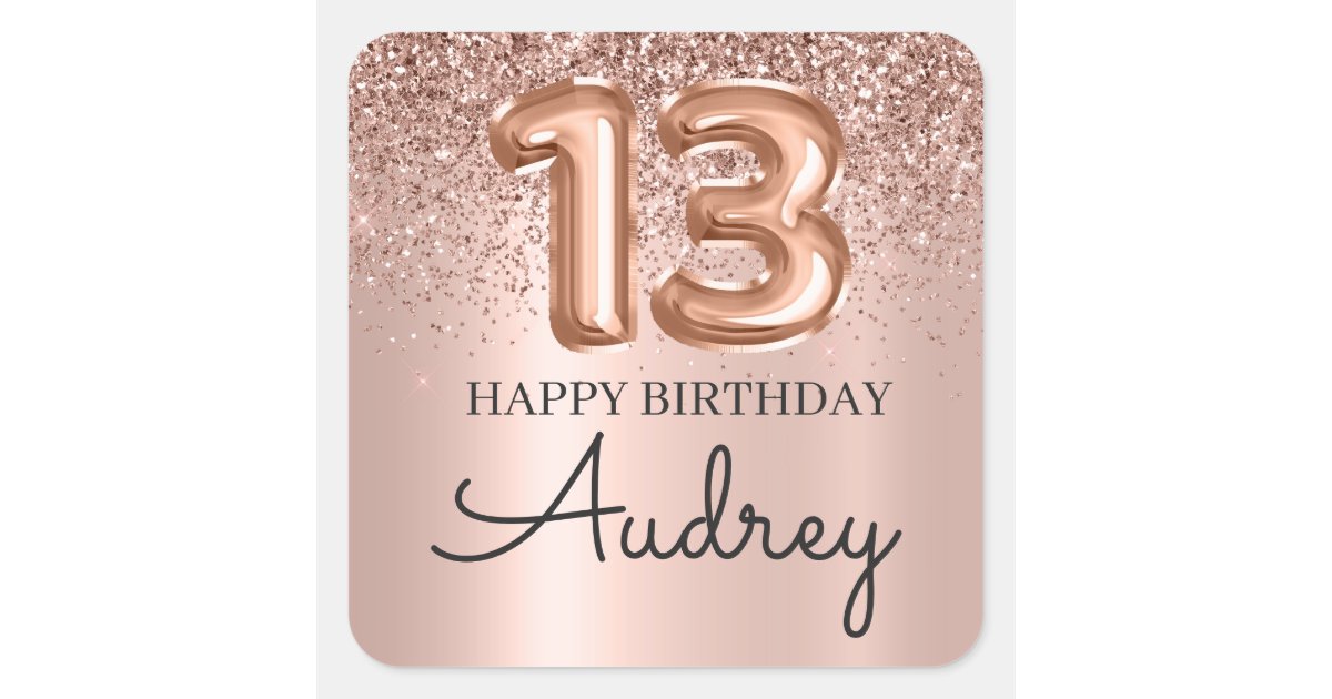 Happy 13th Birthday Rose Gold Glitter Monogram Square Sticker | Zazzle