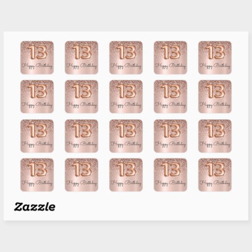 Happy 13th Birthday Rose Gold Glitter Monogram Square Sticker | Zazzle