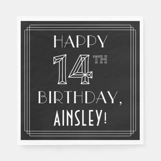 HAPPY 14TH BIRTHDAY; Art Deco Style; Custom Name Napkins | Zazzle