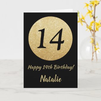 Happy 14th Birthday Black and Gold Glitter Card | Zazzle