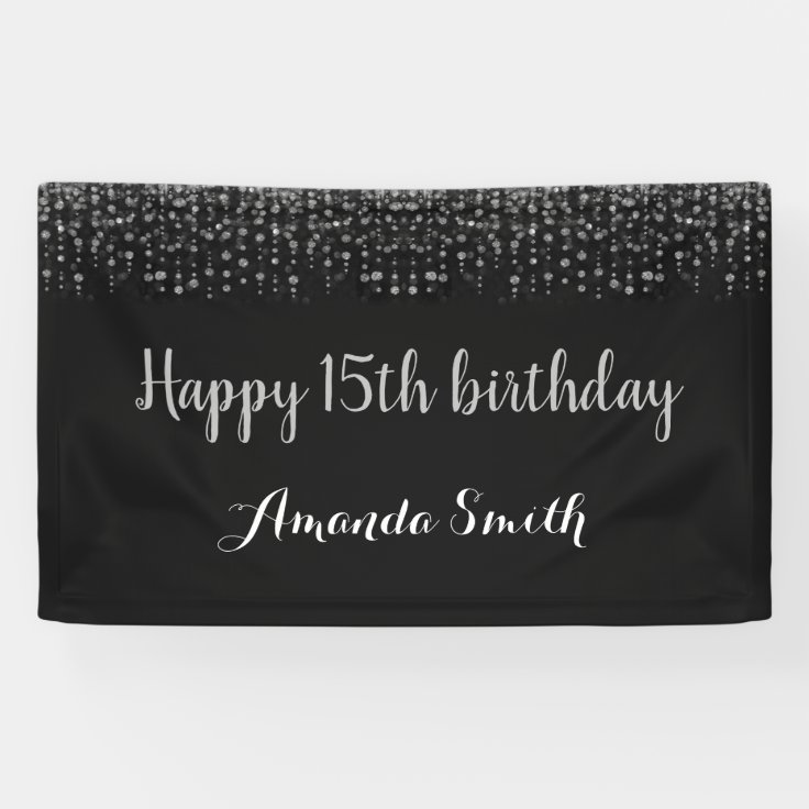 Happy 15th Birthday Banner. Black Silver Glitter Banner | Zazzle