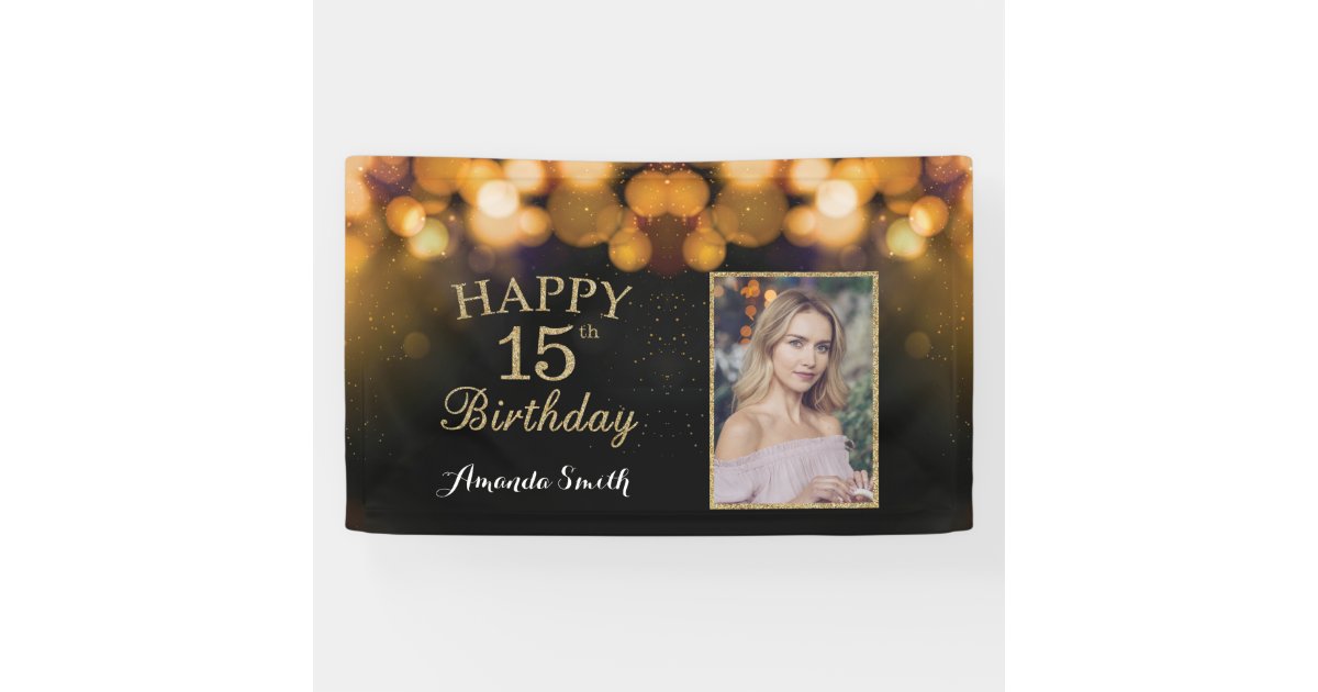 Happy 15th Birthday Banner. Gold Glitter Photo Banner | Zazzle