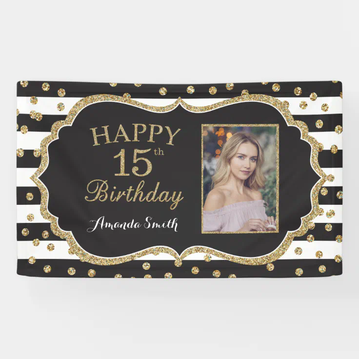 Happy 15th Birthday Banner. Gold Glitter Photo Banner | Zazzle
