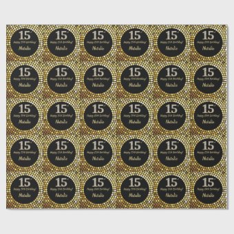 Happy 15th Birthday Black and Gold Glitter Wrapping Paper | Zazzle