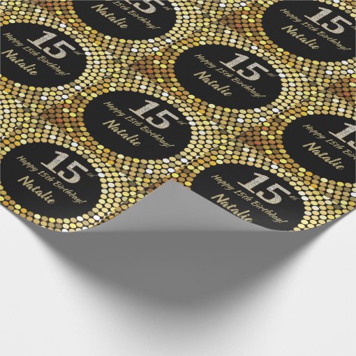 Happy 15th Birthday Black and Gold Glitter Wrapping Paper | Zazzle