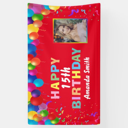 Happy 15th Birthday Colorful Balloons Red Banner | Zazzle