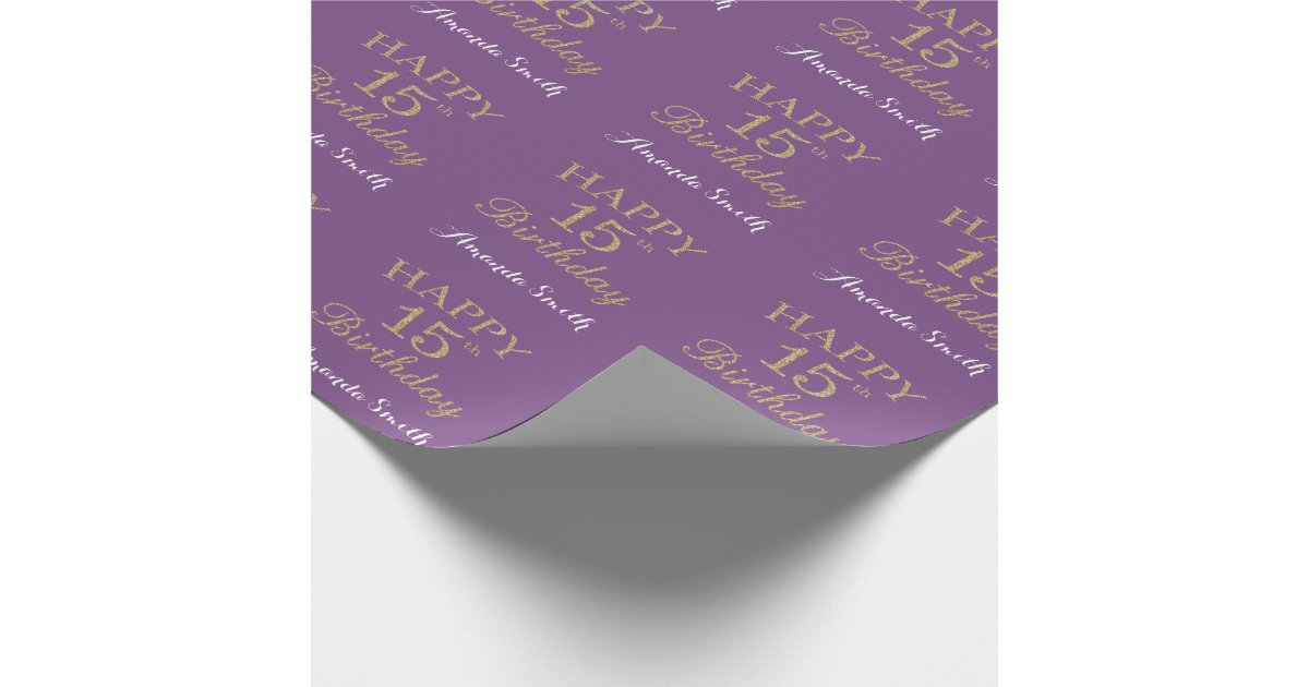 Happy 15th Birthday Gold Glitter and Purple Wrapping Paper | Zazzle