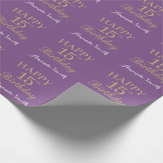 Happy 15th Birthday Gold Glitter and Purple Wrapping Paper | Zazzle