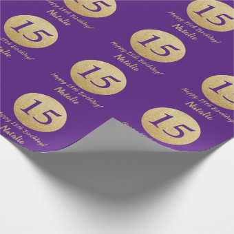 Happy 15th Birthday Purple and Gold Glitter Wrapping Paper | Zazzle