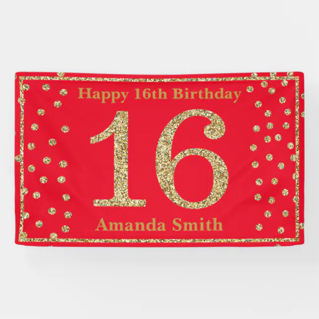 Happy 16th Birthday Banner Red and Gold Glitter | Zazzle