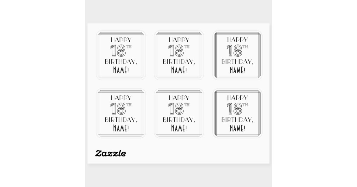 HAPPY 18TH BIRTHDAY, Art Deco Style, Custom Name Square Sticker | Zazzle