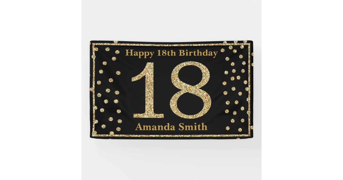 Happy 18th Birthday Banner Black and Gold Glitter | Zazzle