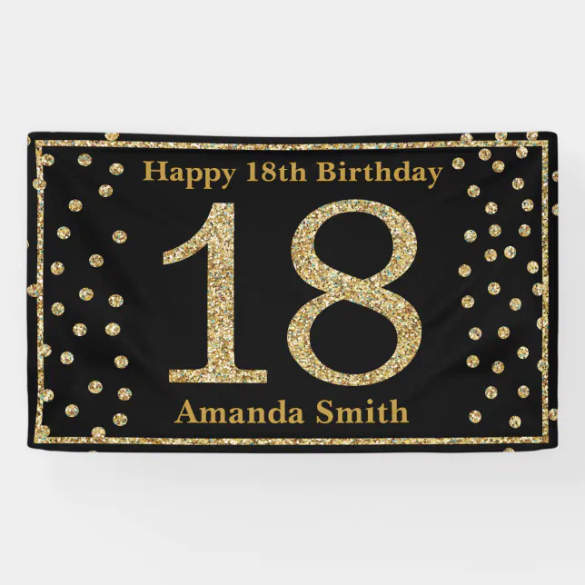 Happy 18th Birthday Banner Black and Gold Glitter | Zazzle